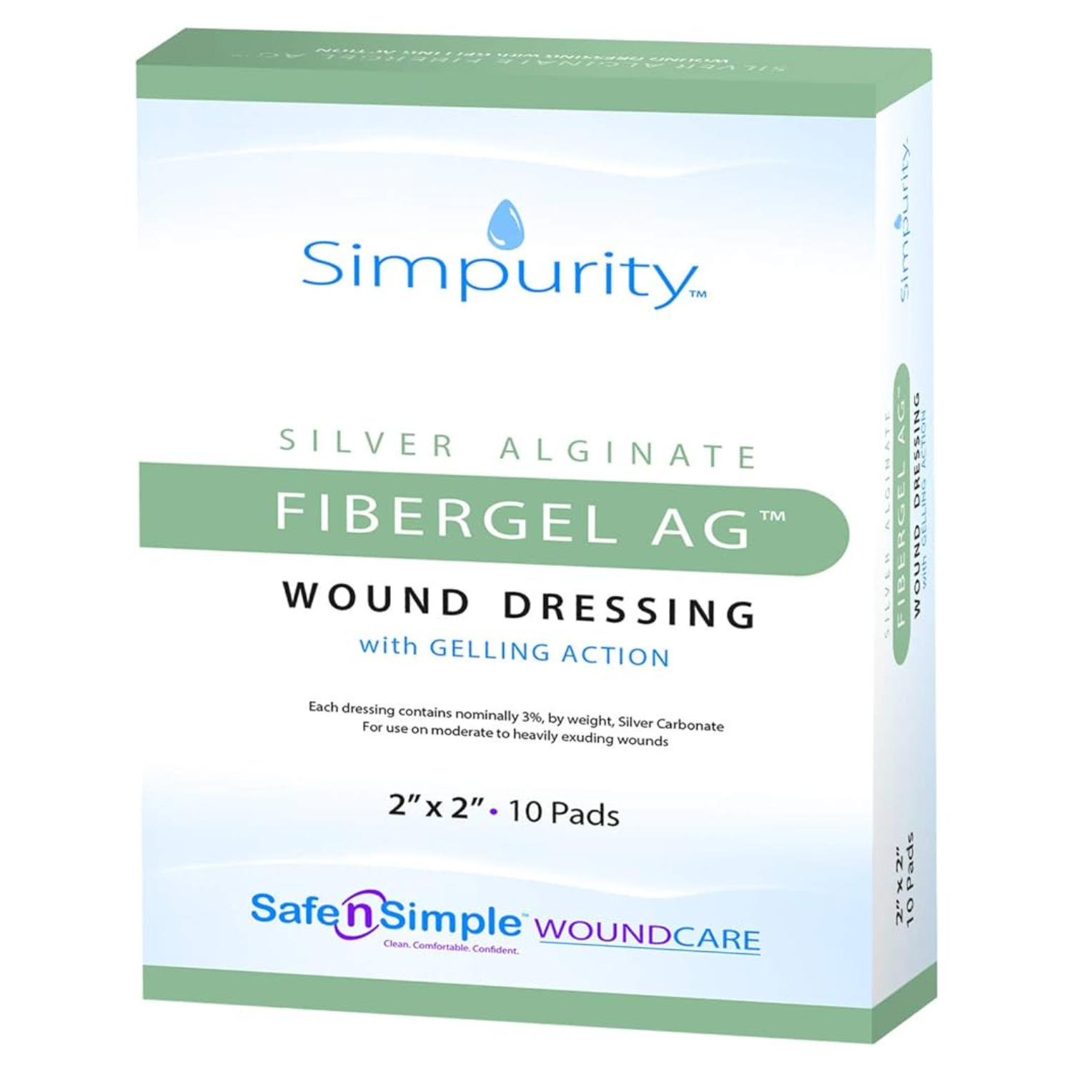 Simpurity Silver FiberGel Wound Dressings - 2" x 2" (Box of 10)