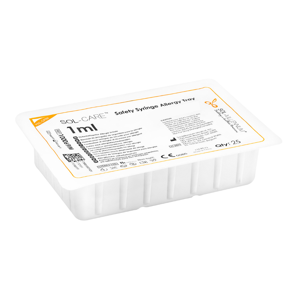 SOL-CARE 1cc Safety Syringe Vaccine/Flu Tray - 25G x 1"