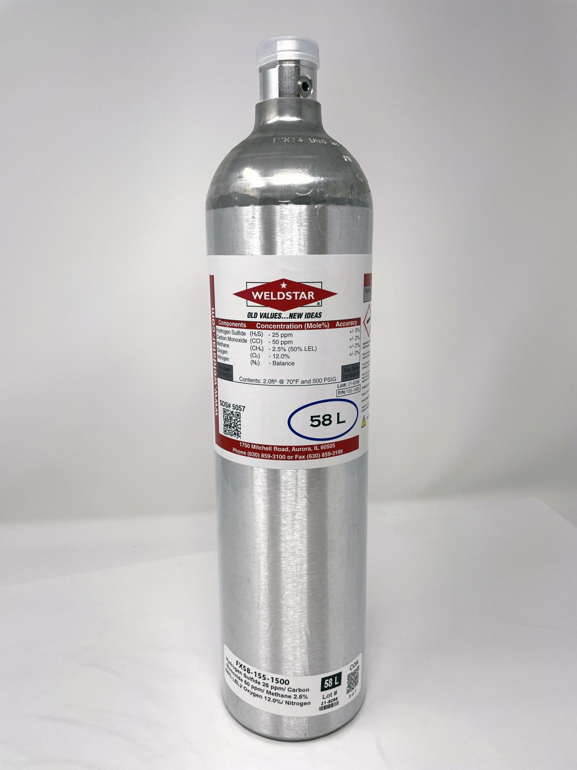 H2S 25PPM, CO 100 PPM, CH4 2.5% OXYGEN 18%, BAL N2 58L