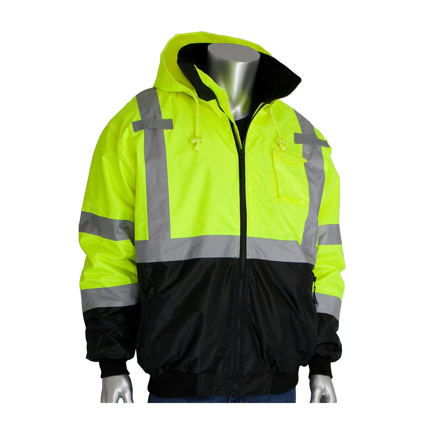 PIP Industrial Black Bottom Bomber Jacket - ANSI Type R Class 3 Hi-Vis ...