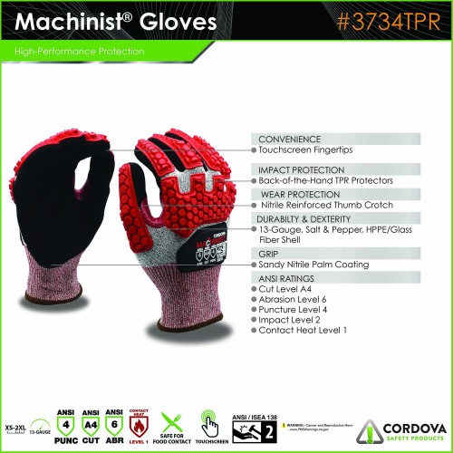 MACHINIST 13ga HPPE Glove w/ Sandy Nitrile Palm & Impact Back, A4 Cut