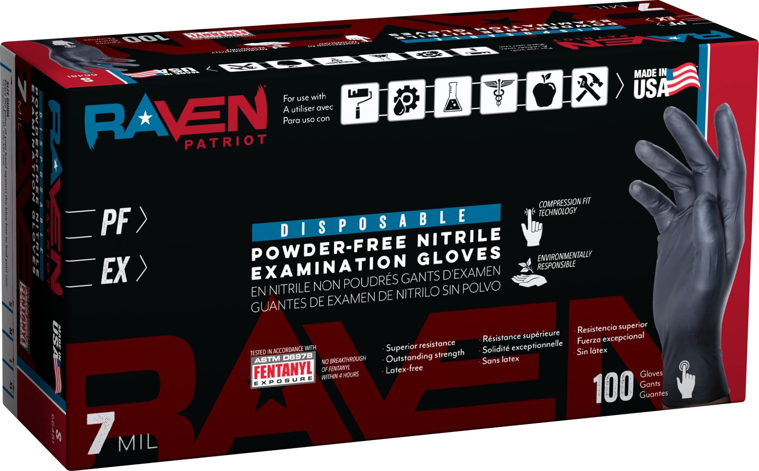 Raven® Patriot Powder-Free Exam Grade Nitrile Disposable Gloves, 2XL