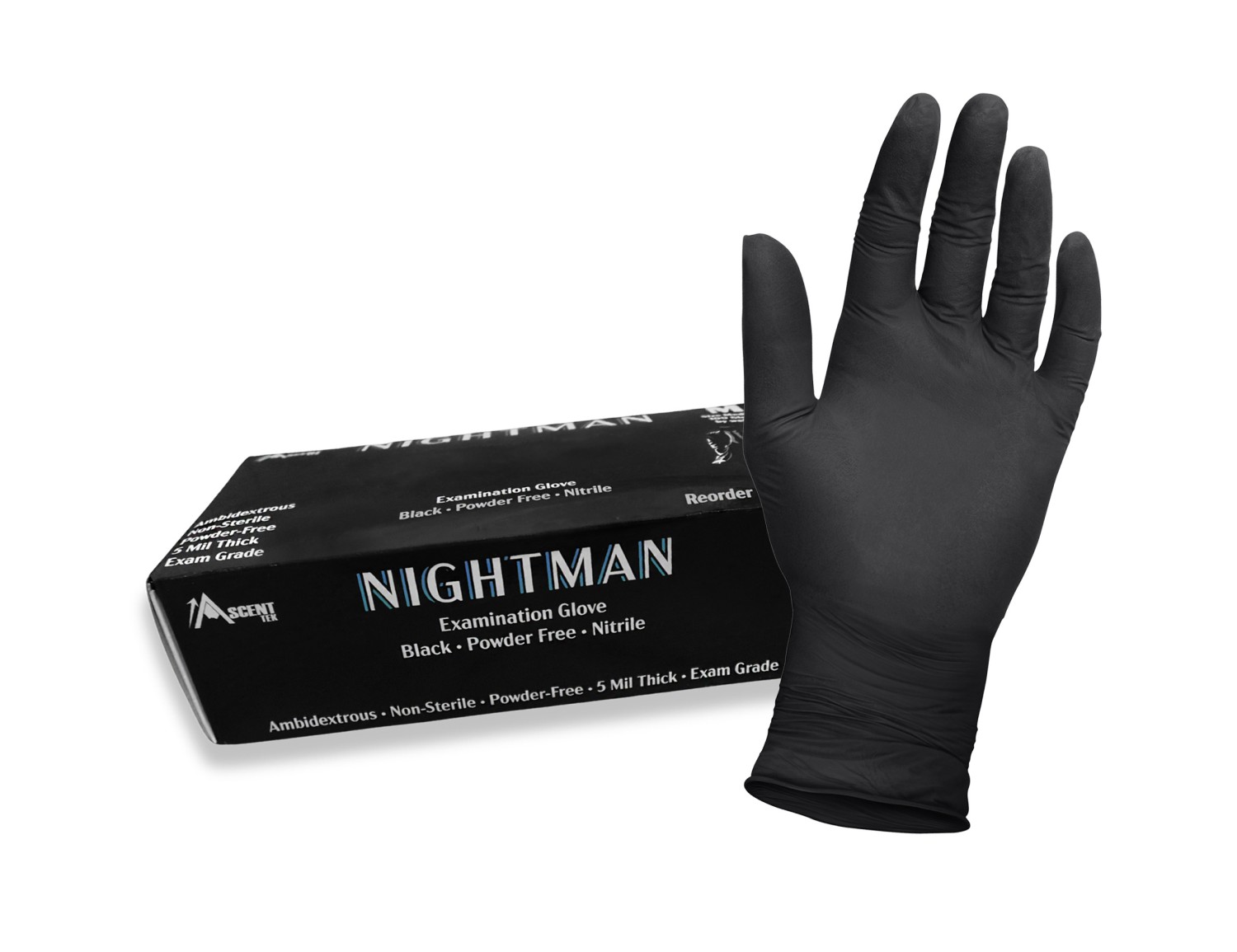 Ascent Tek NightMan 5 mil Exam Grade Black Nitrile Gloves