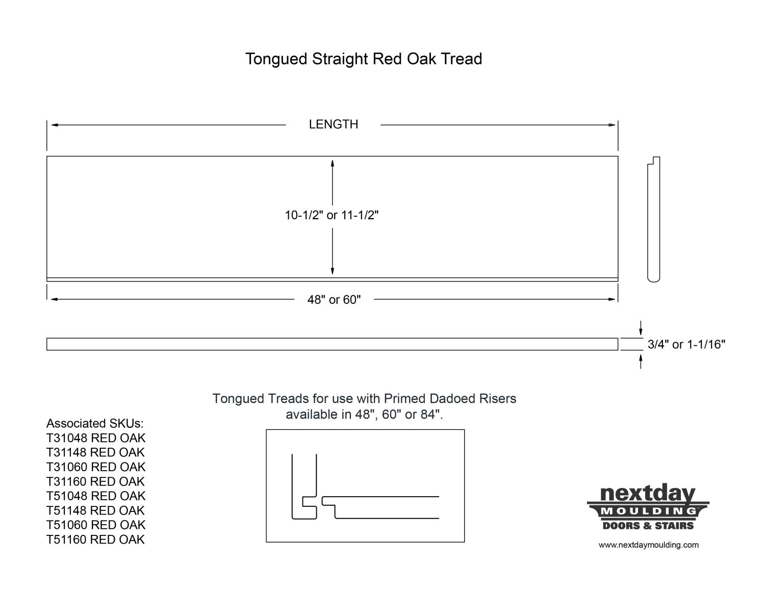5/4 X 10-1/2 X 48 TONGUED RED OAK TREAD - Next Day Moulding Doors & Stairs