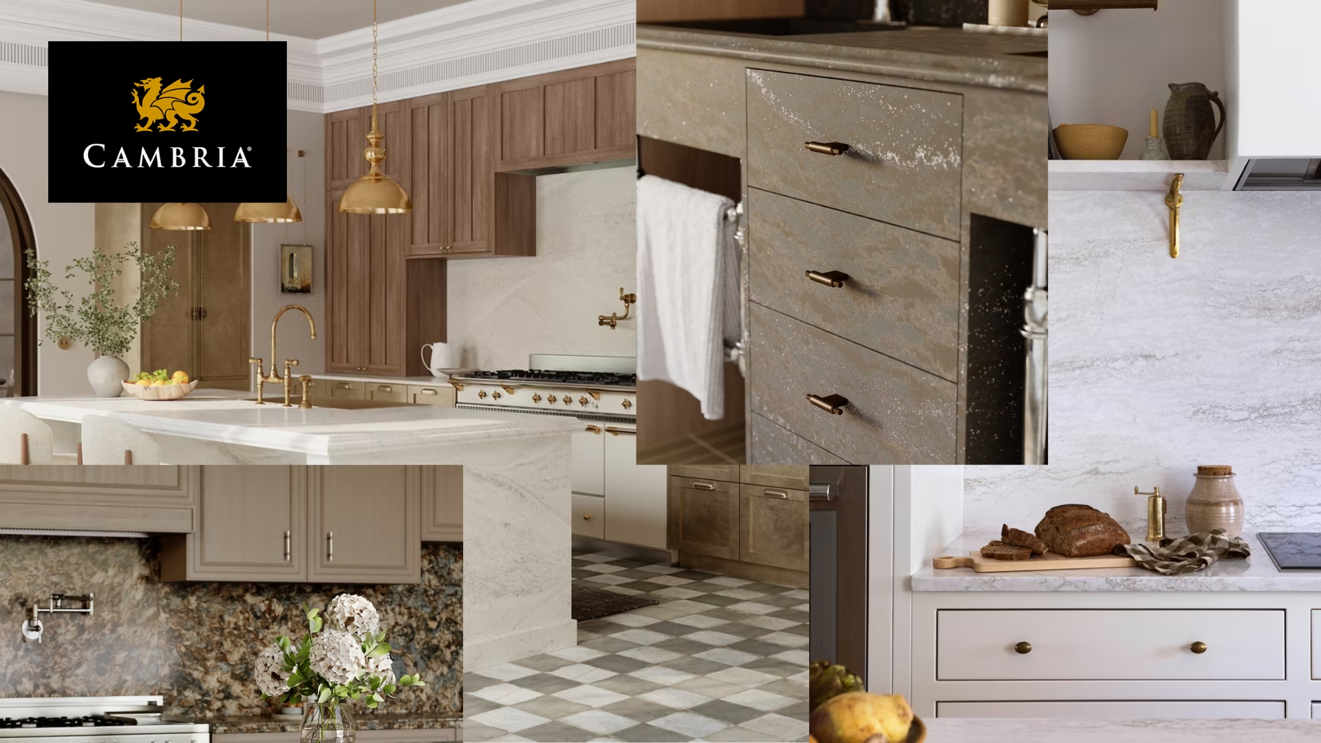 Cambria Quartz counter tops, back-splash, floor tile, fireplace mantle