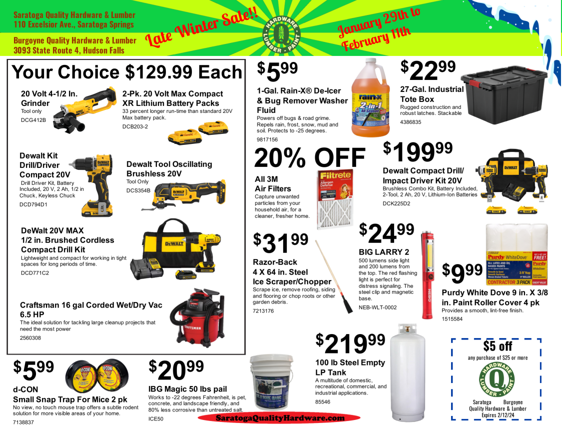 Late Winter Specials at Saratoga Quality Hardware Sale through February ...